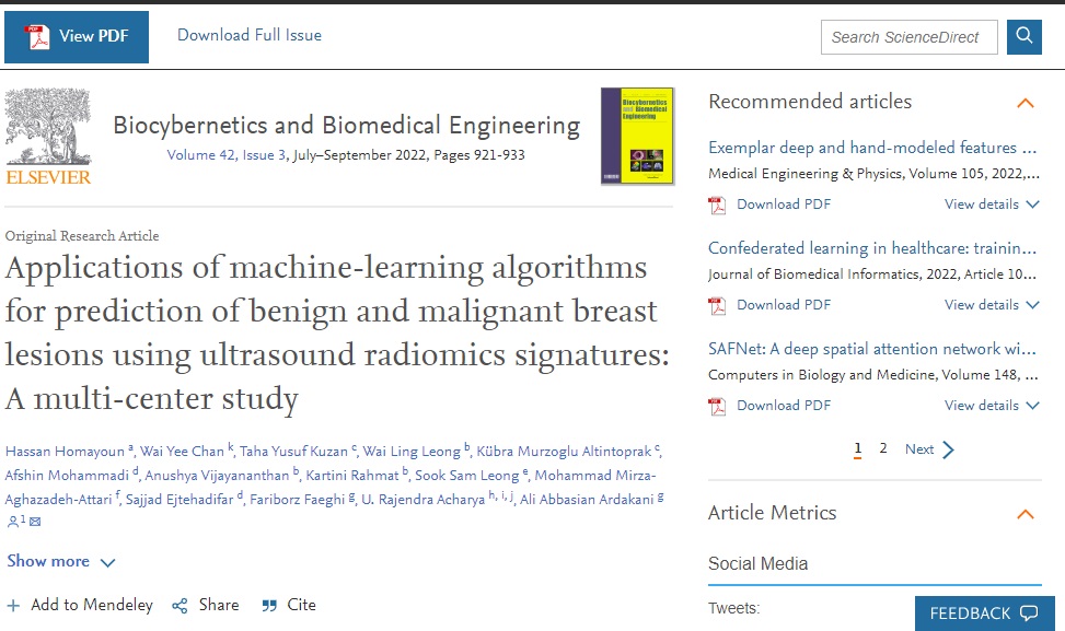 Applications Of Machine Learning Algorithms For Prediction Of Benign And Malignant Breast